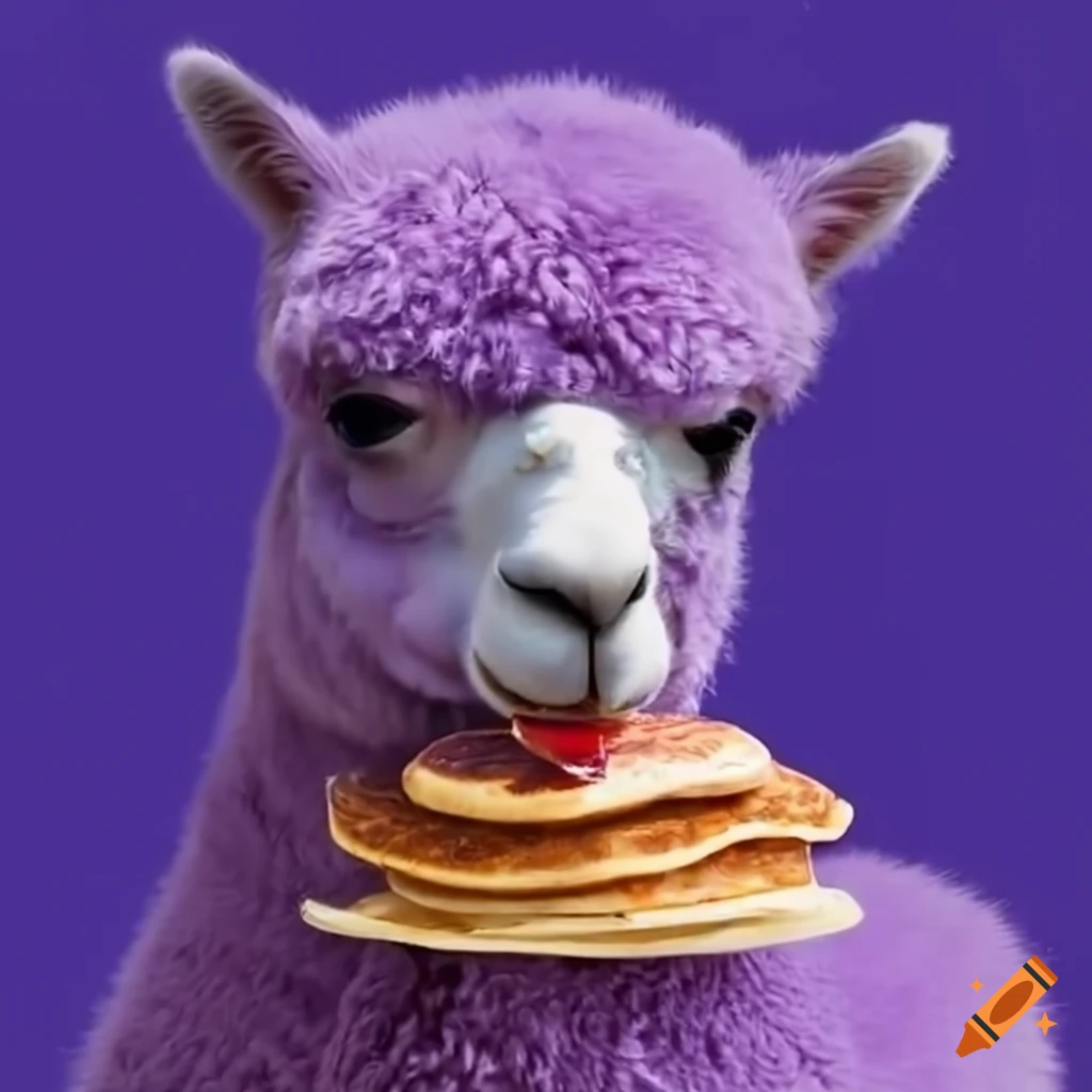 Purple alpaca eating pancakes