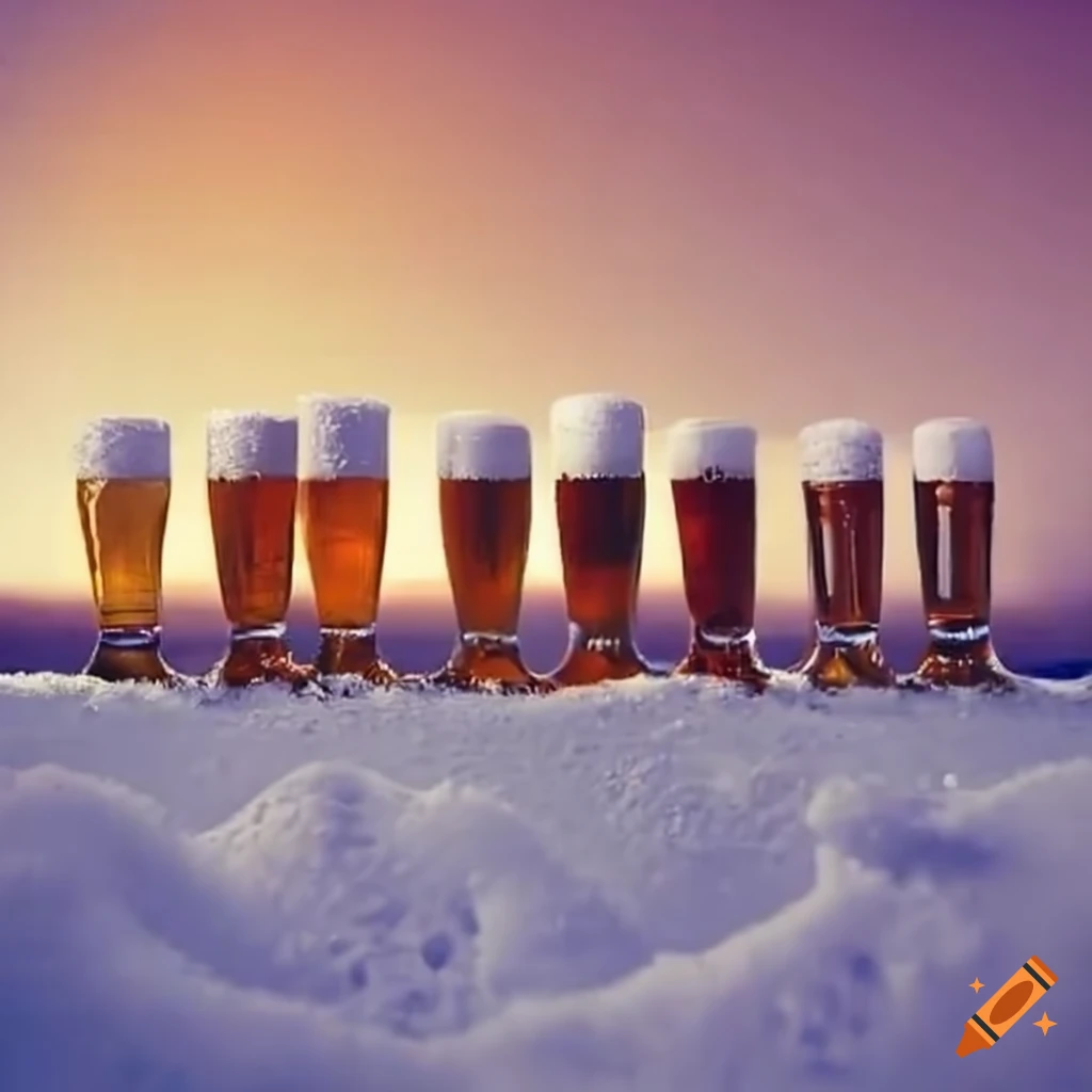 Beer pints lined up in the snow on Craiyon