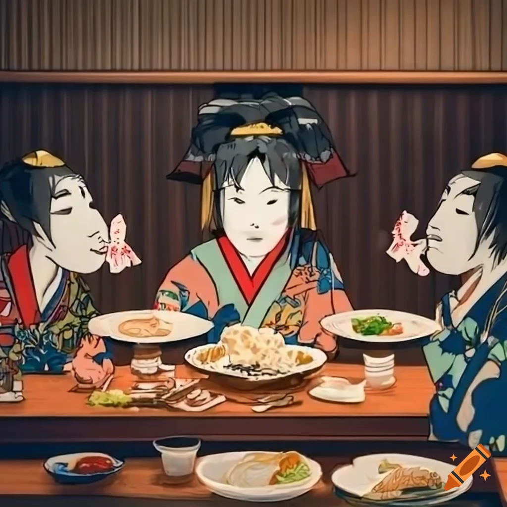 Japanese family of samurai having a meal in a traditional house setting on Craiyon