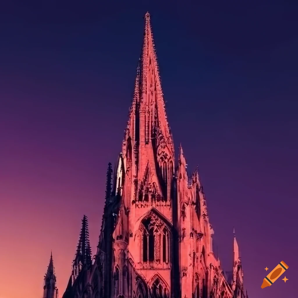 Pink sunset behind a gothic cathedral in a european city