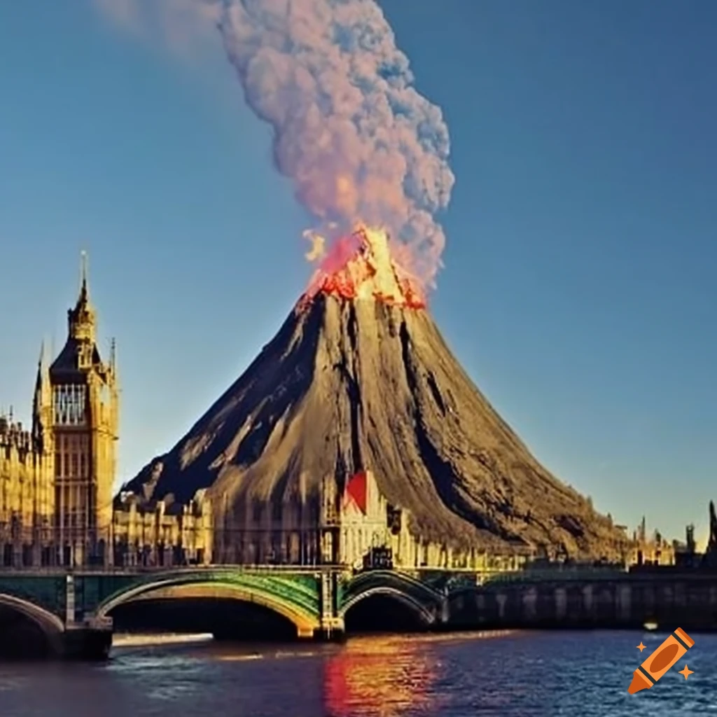 Cityscape of London city with a volcano nearby on Craiyon
