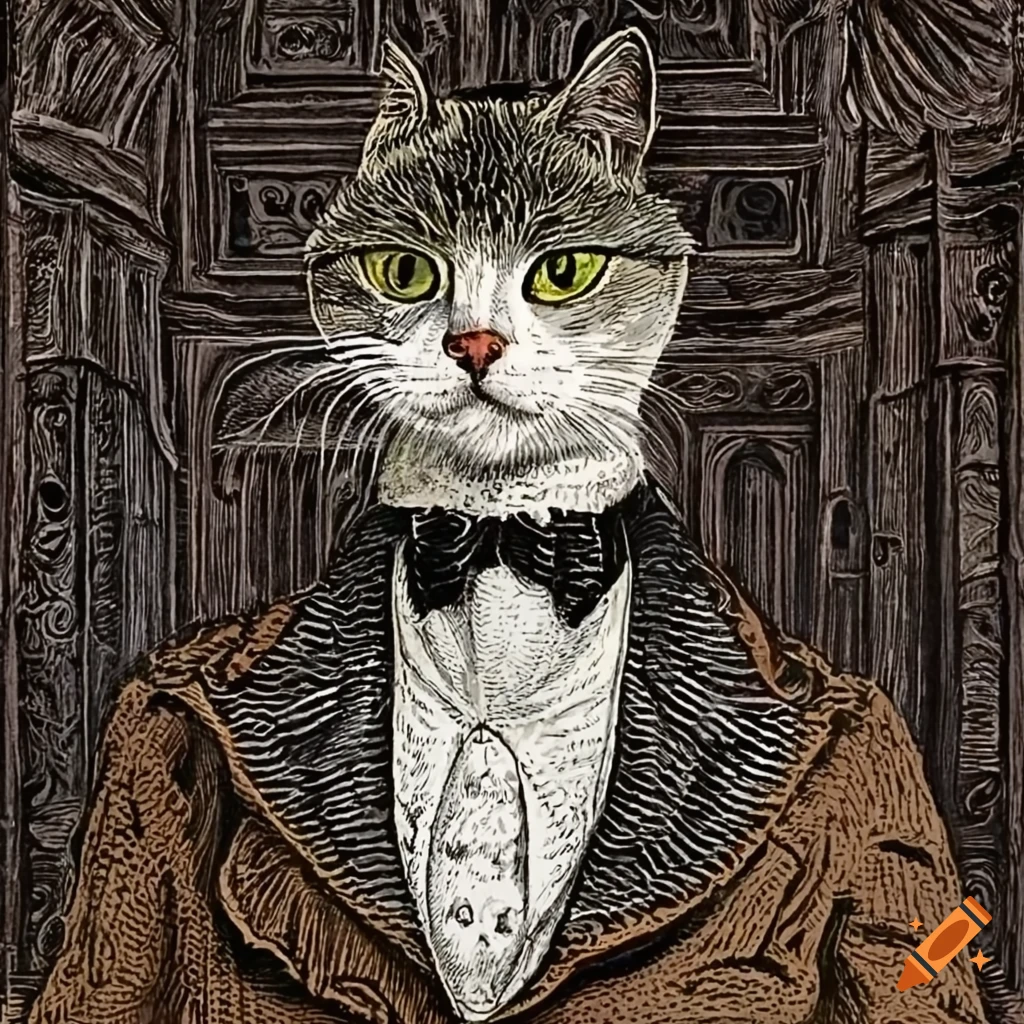 Edward gorey's illustration of a cat in victorian clothing on Craiyon