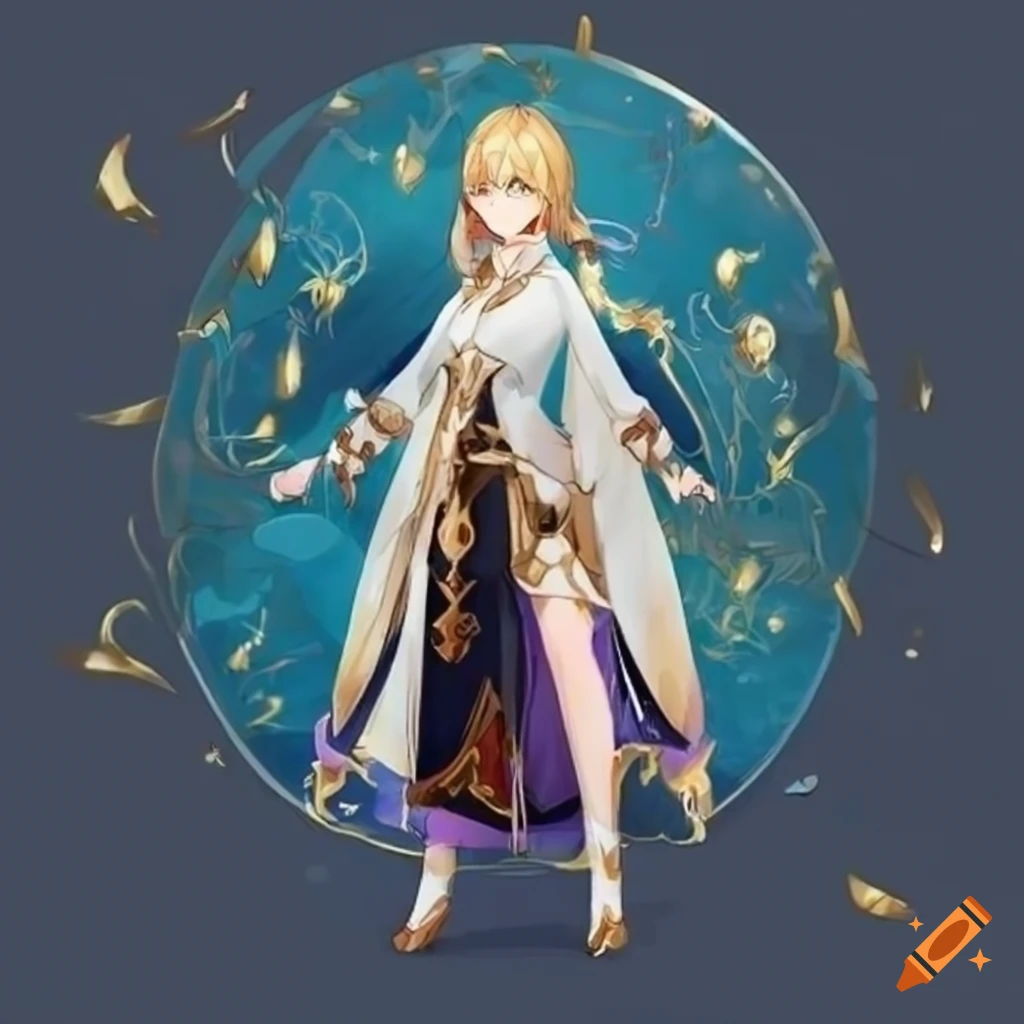 Character design sheet of a woman in a detailed and modest outfit with ...