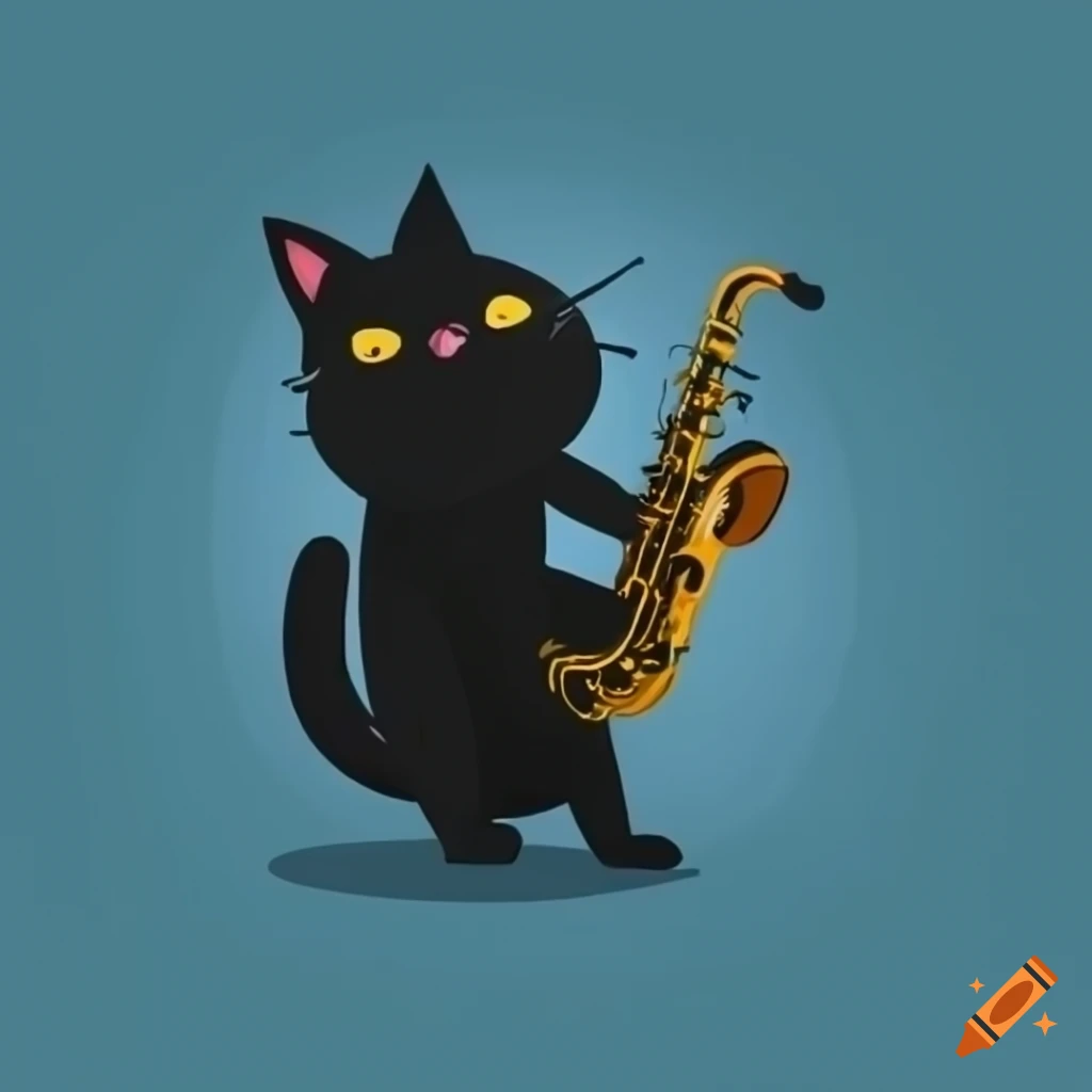 Minimalistic cartoon black cat playing saxophone on Craiyon
