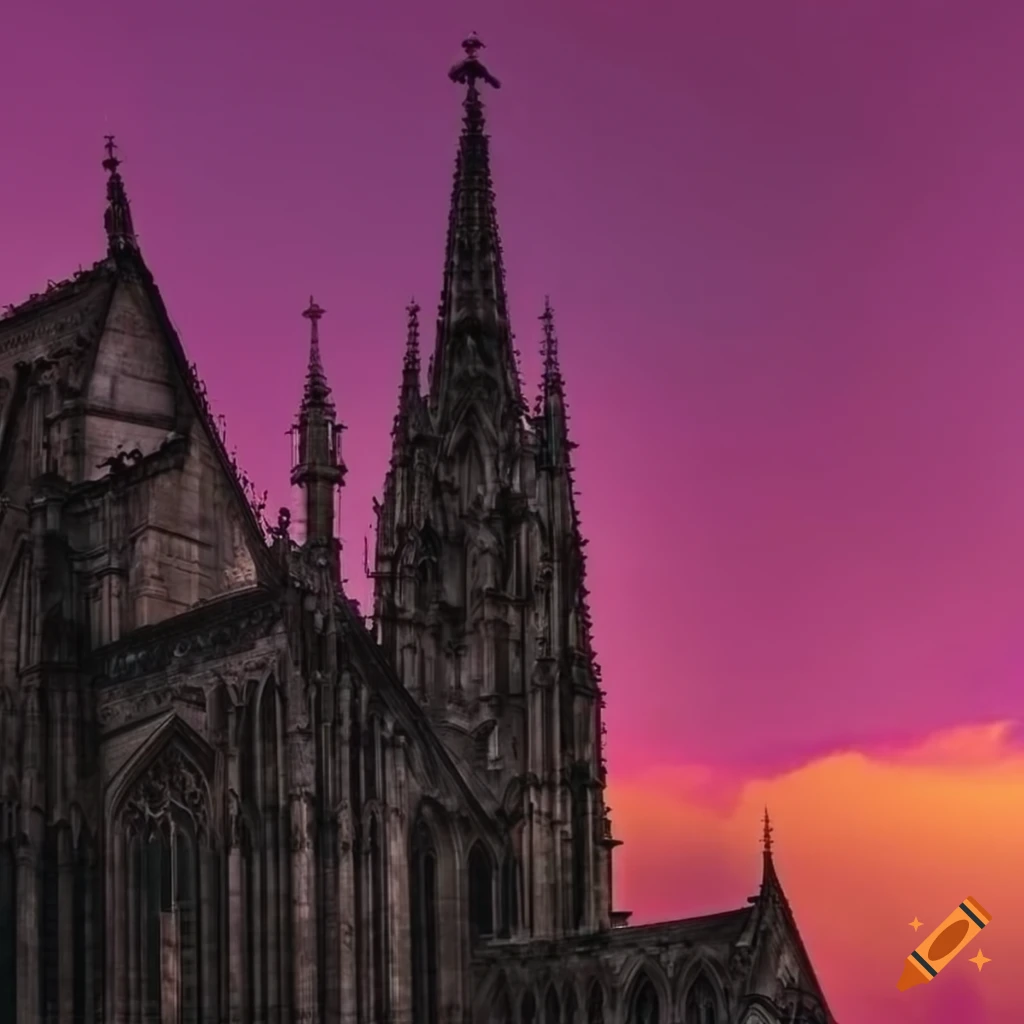 Gothic cathedral silhouetted against a pink sunset