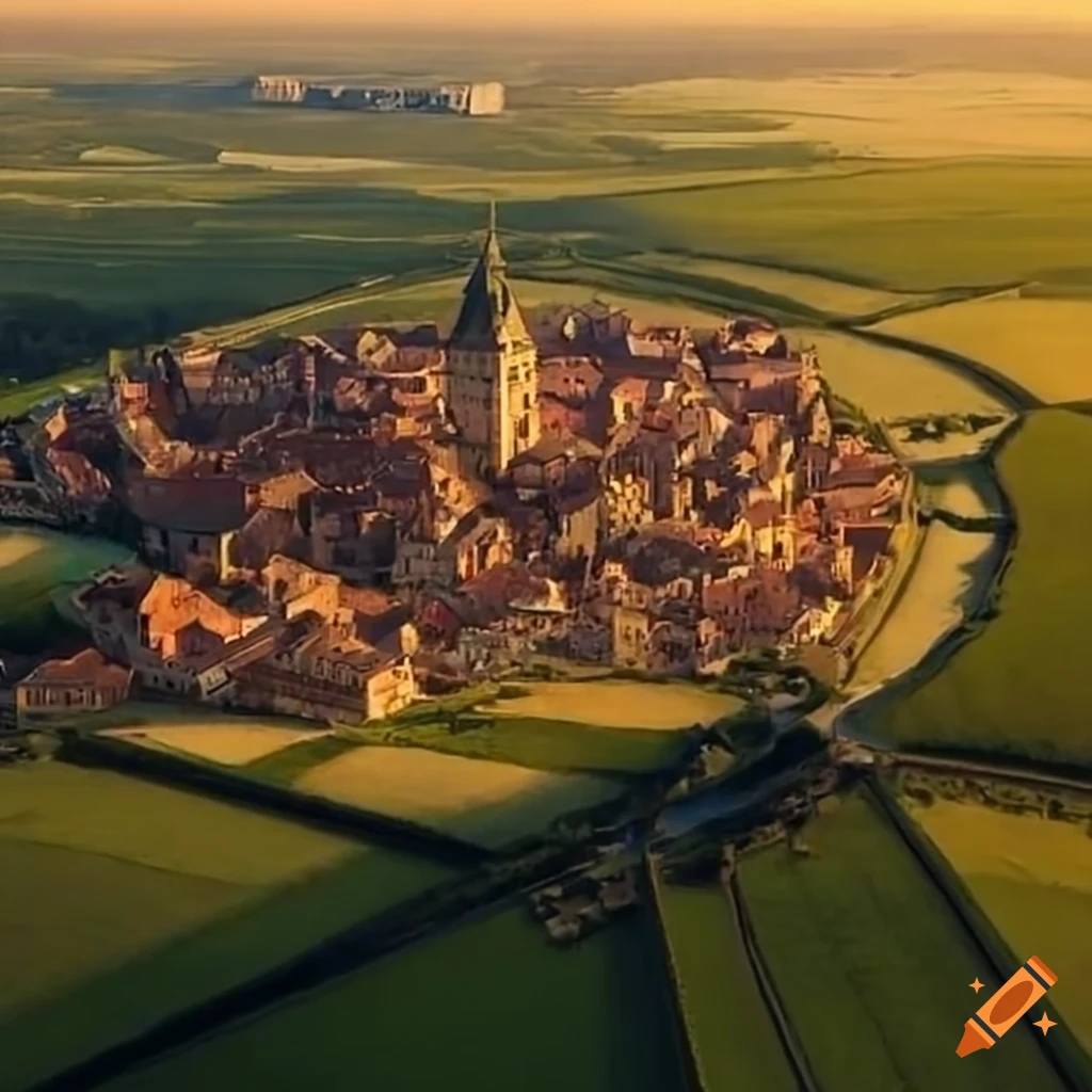 Aerial view of a renaissance town and surrounding fields