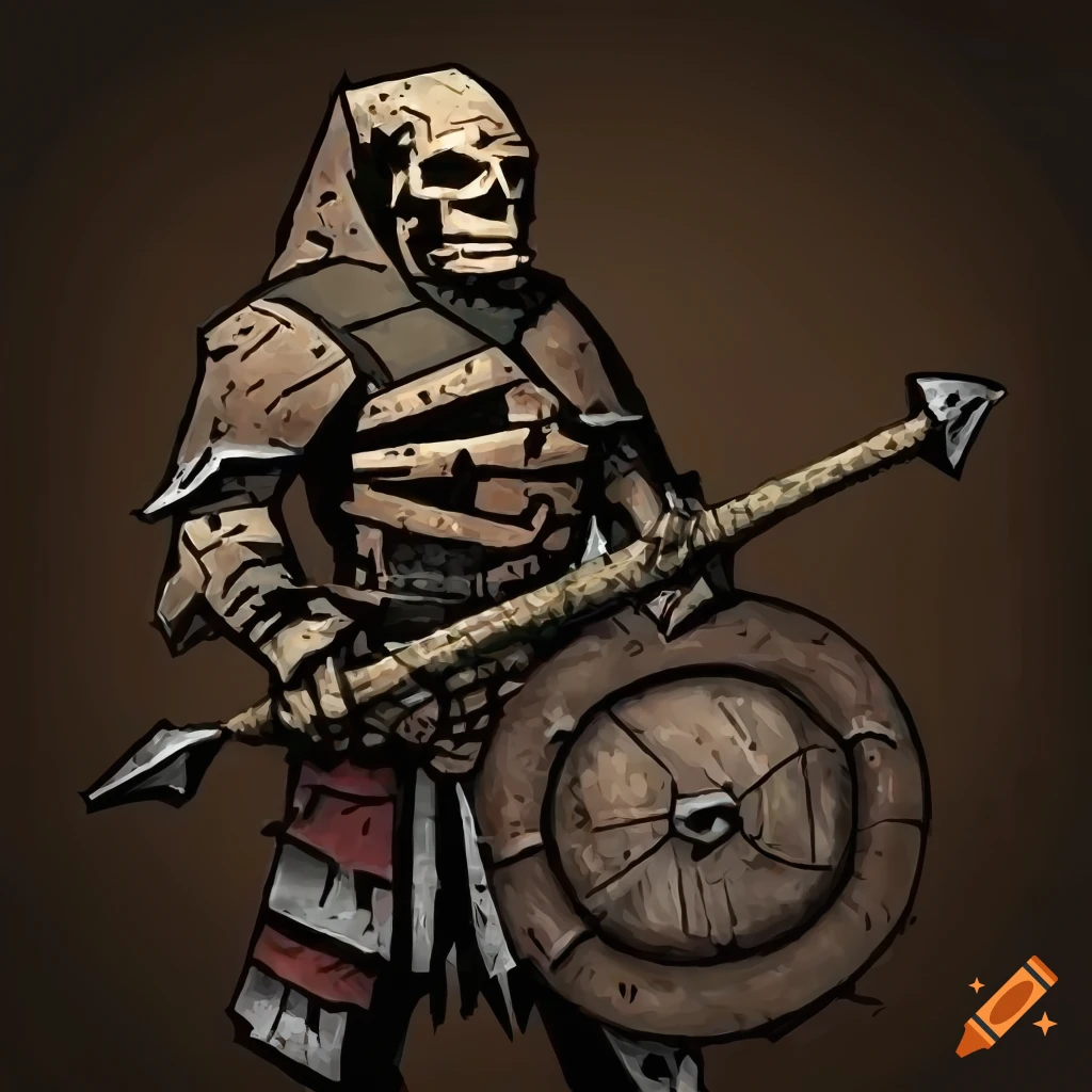 Detailed artwork of a Babylonian skeleton warrior with spear and shield ...