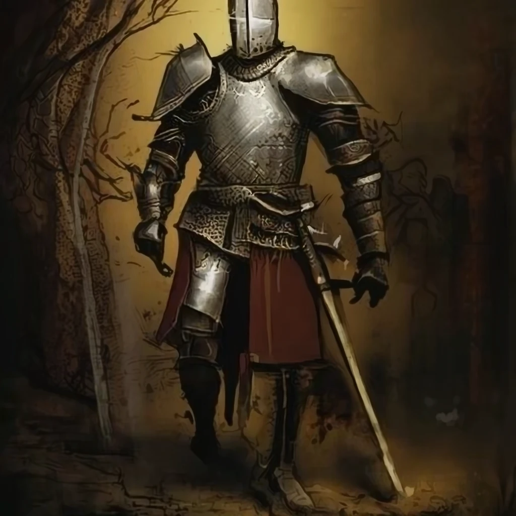 Osr-style artwork of a battle-hardened black knight