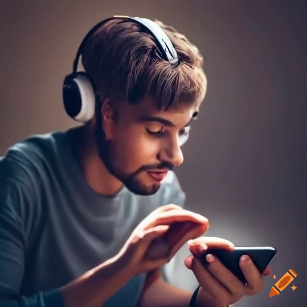 Man wearing headphones and using a mobile phone