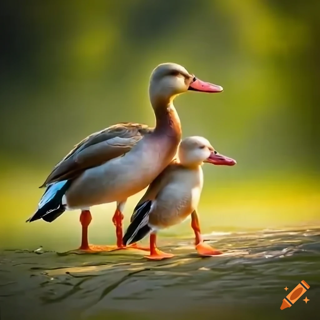 Ducks playing with mother and children by the pond on Craiyon