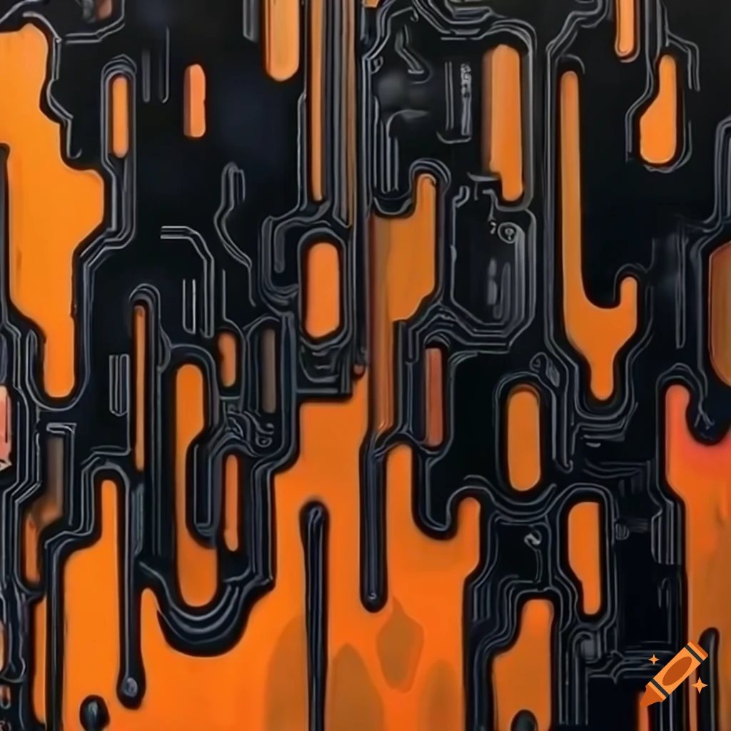 Chinese ink painting of black and orange circuit boards