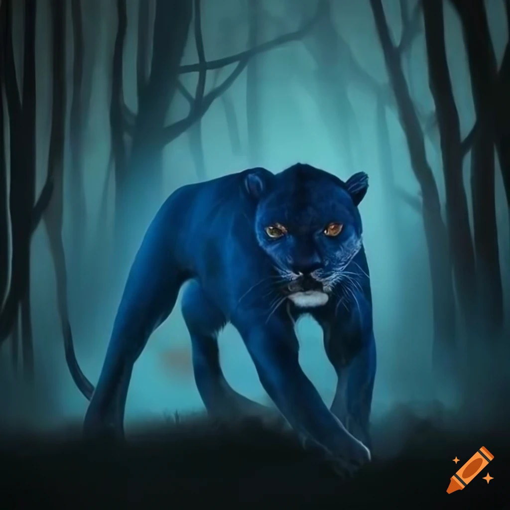 Close-up of a sapphire blue panther in a mystical forest on Craiyon
