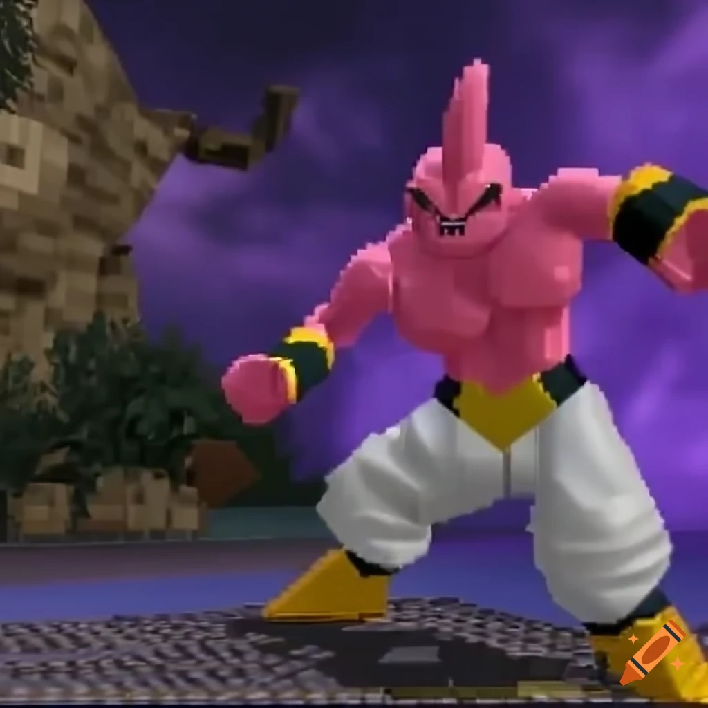 Pixelated screenshot of lego super buu flexing muscles on Craiyon