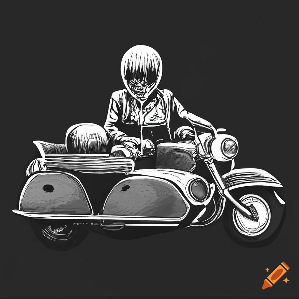 Retro black and white drawing of sidecar punks on Craiyon