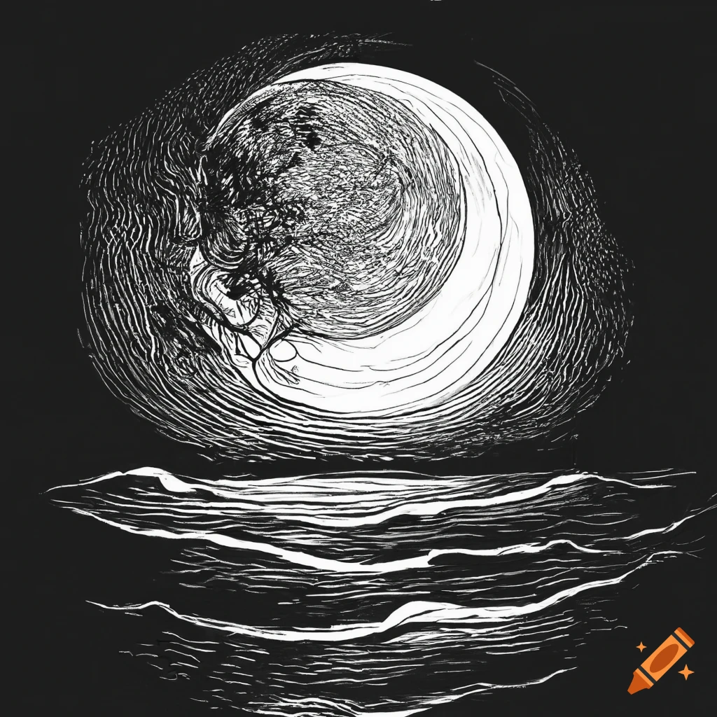 Black and white ink illustration of a moonlit night