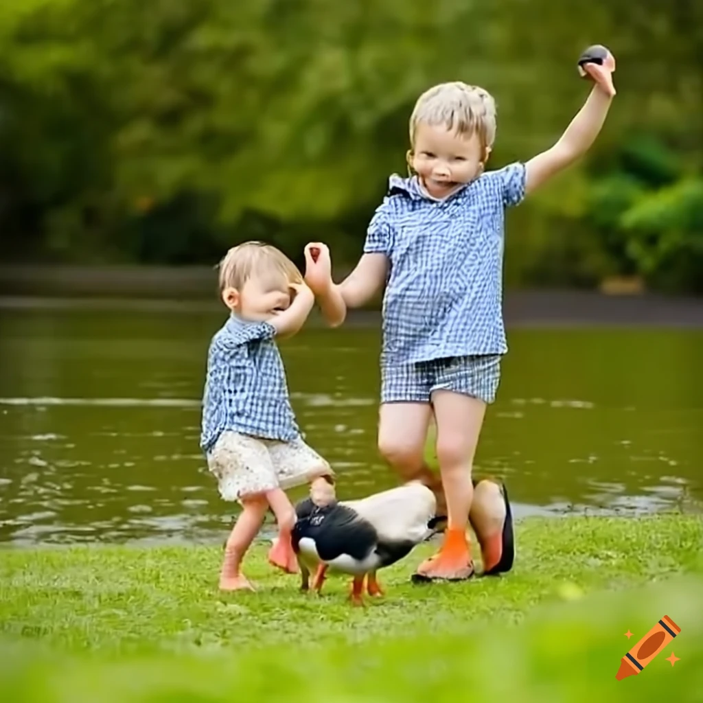 Children playing with ducks by the pond on Craiyon