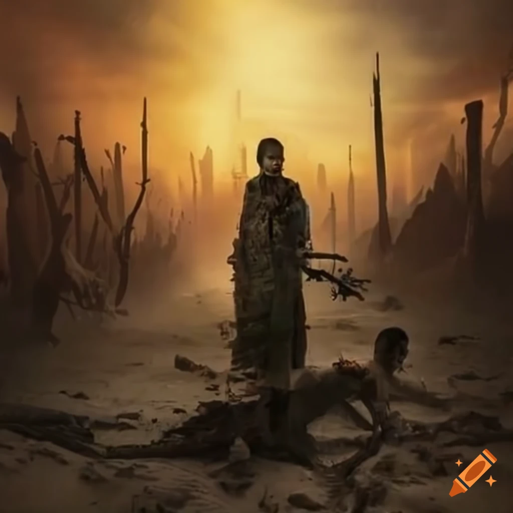 Horror scene of a misty desert during a zombie apocalypse on Craiyon