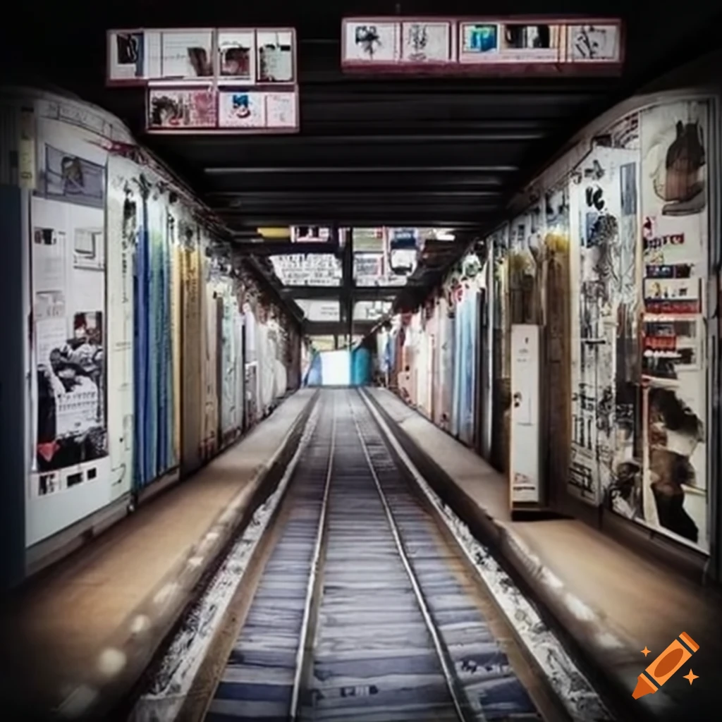 Billboard-filled halls of a unique architectural structure on Craiyon