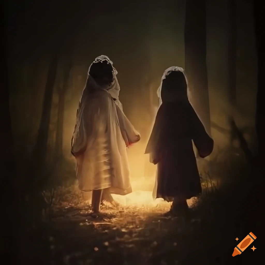 Mystic scene with two children in ancient Ukrainian clothes on Craiyon