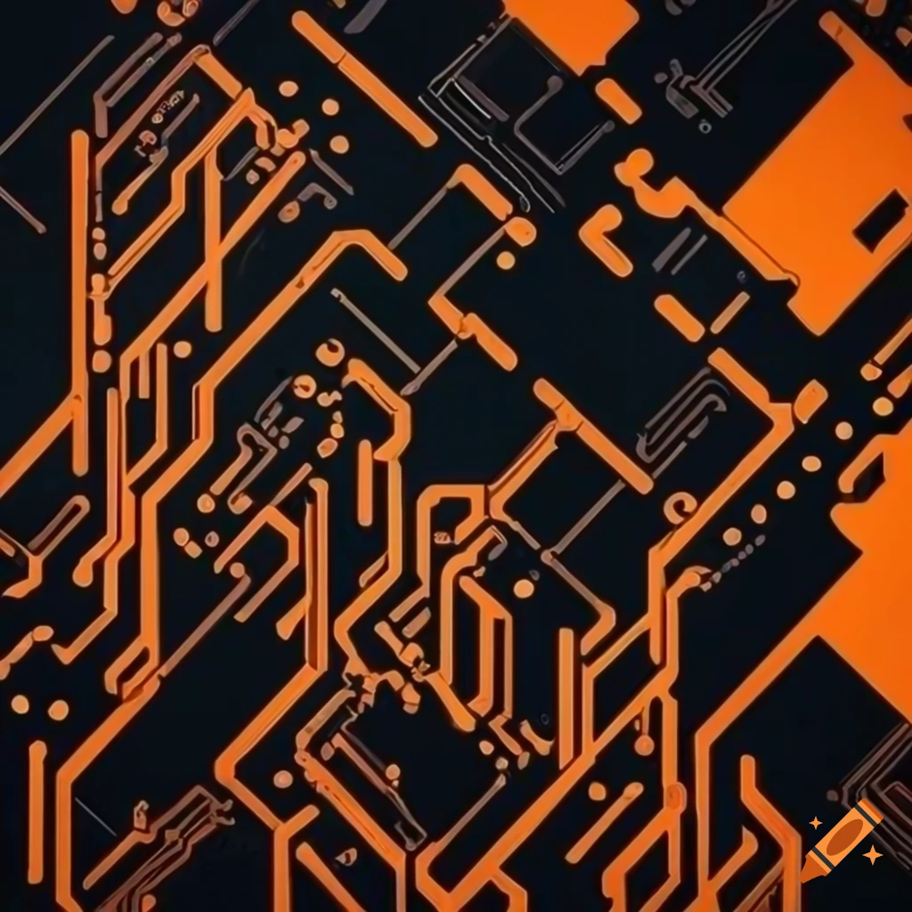 Abstract artwork of black and orange circuit boards