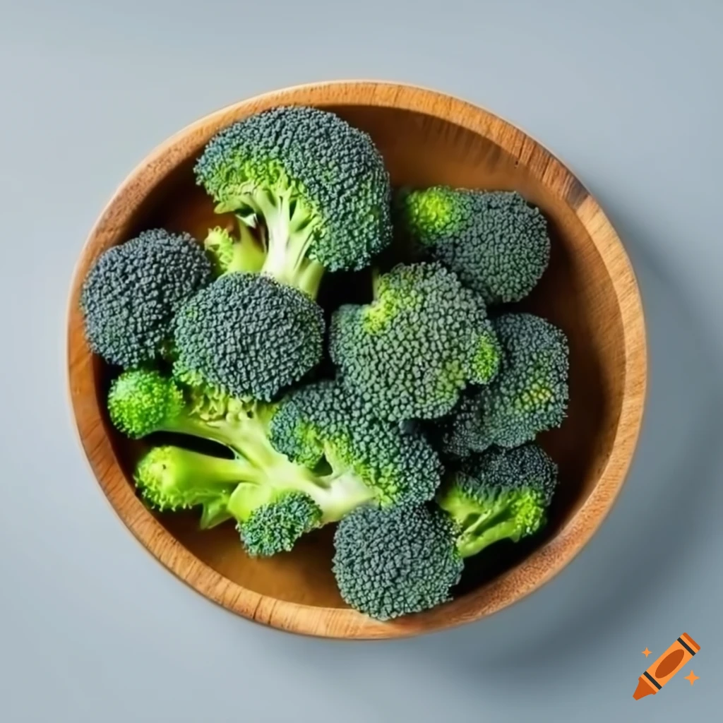 Top view of broccoli in a wooden bowl on Craiyon