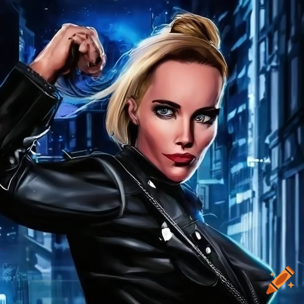 Comic book artwork of an elegant blond woman in a leather coat on Craiyon