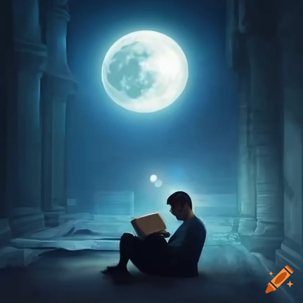 Nighttime scenery with a girl studying on Craiyon