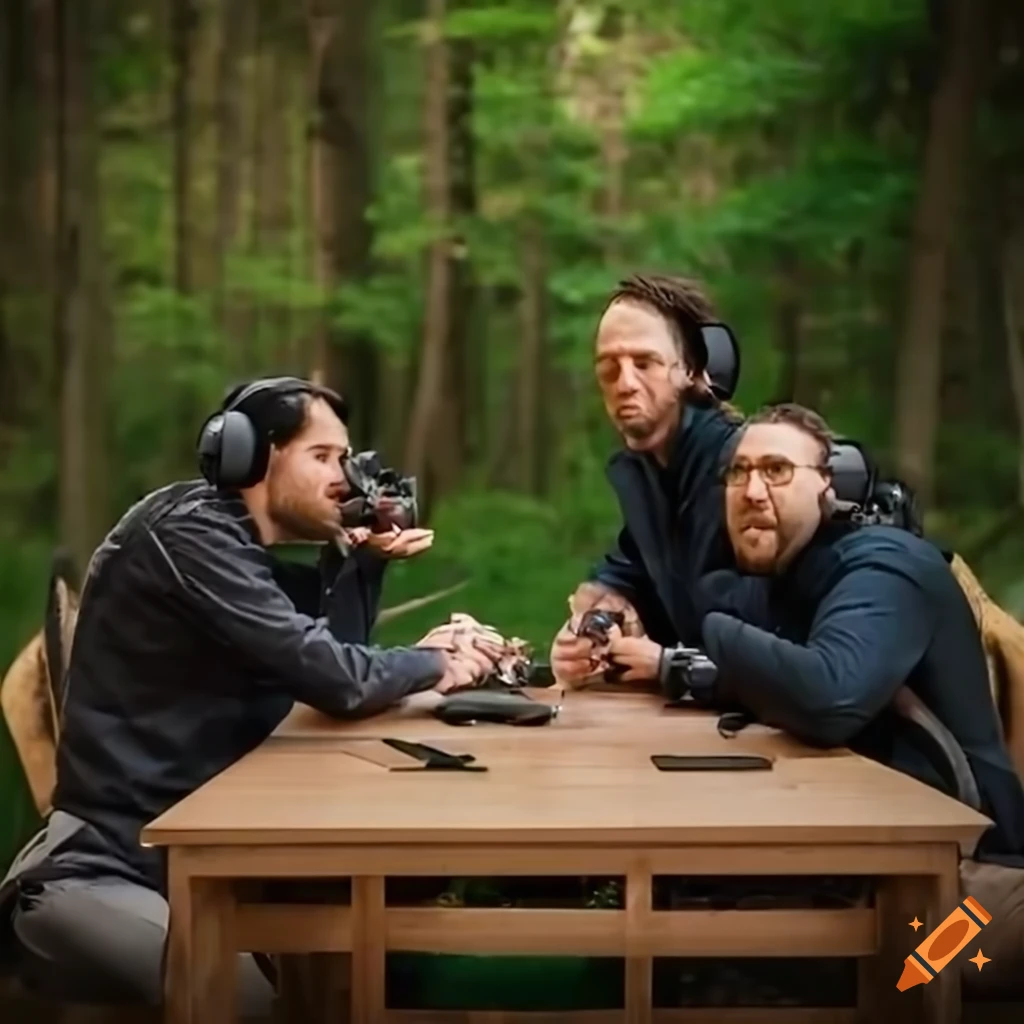 Group podcast recording in the woods