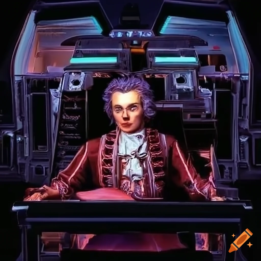 Mozart playing keyboards in a delorean time machine on Craiyon