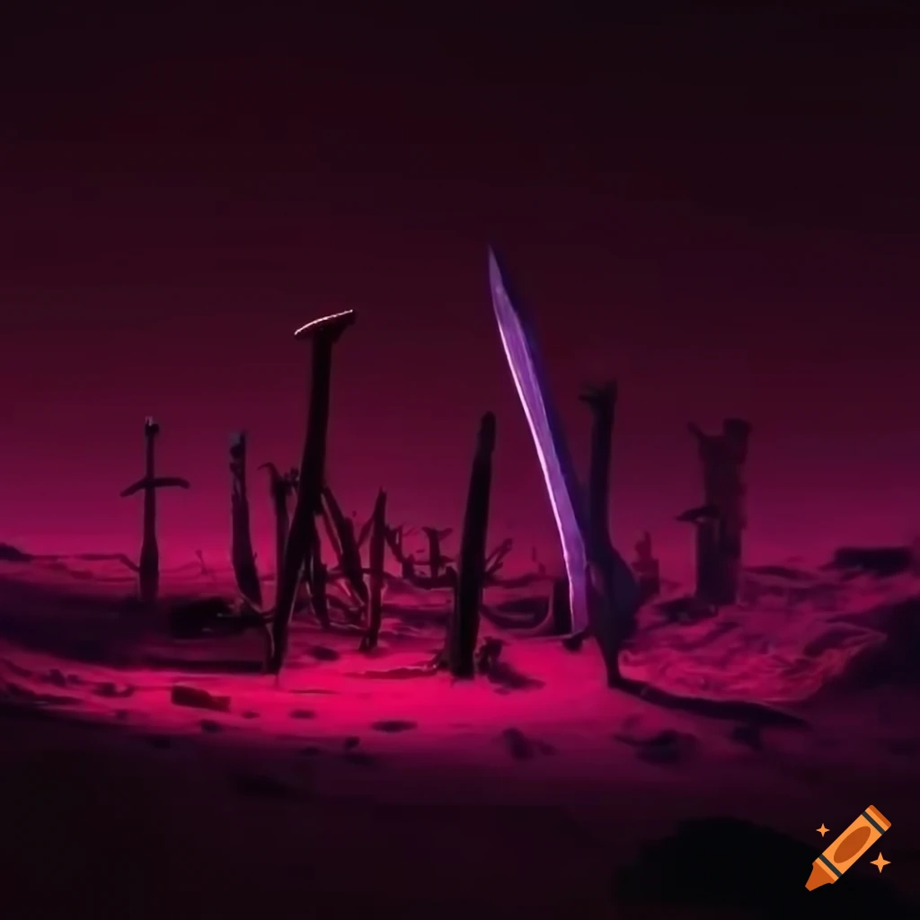 Neon-lit rusty swords in a wasteland valley at dusk on Craiyon