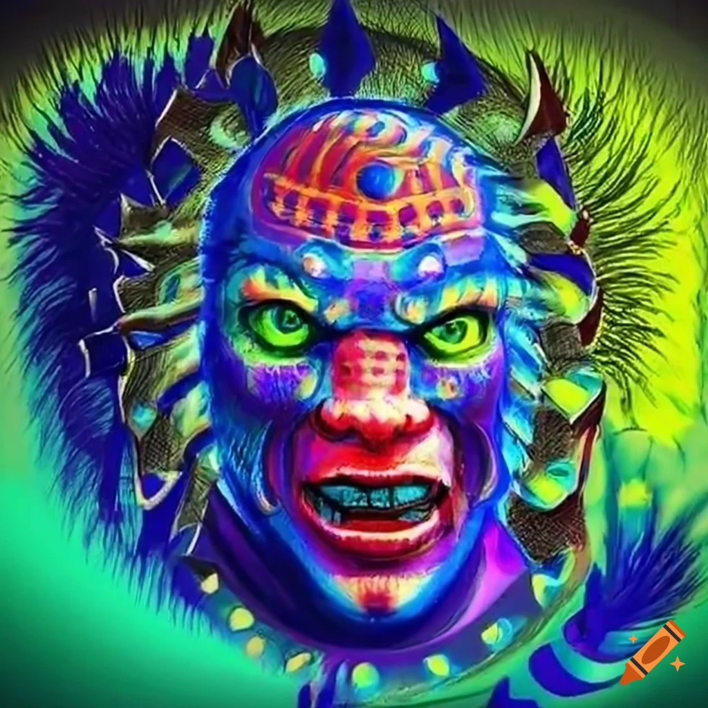 Portrait of a body-painted person with concentric circles on his face ...