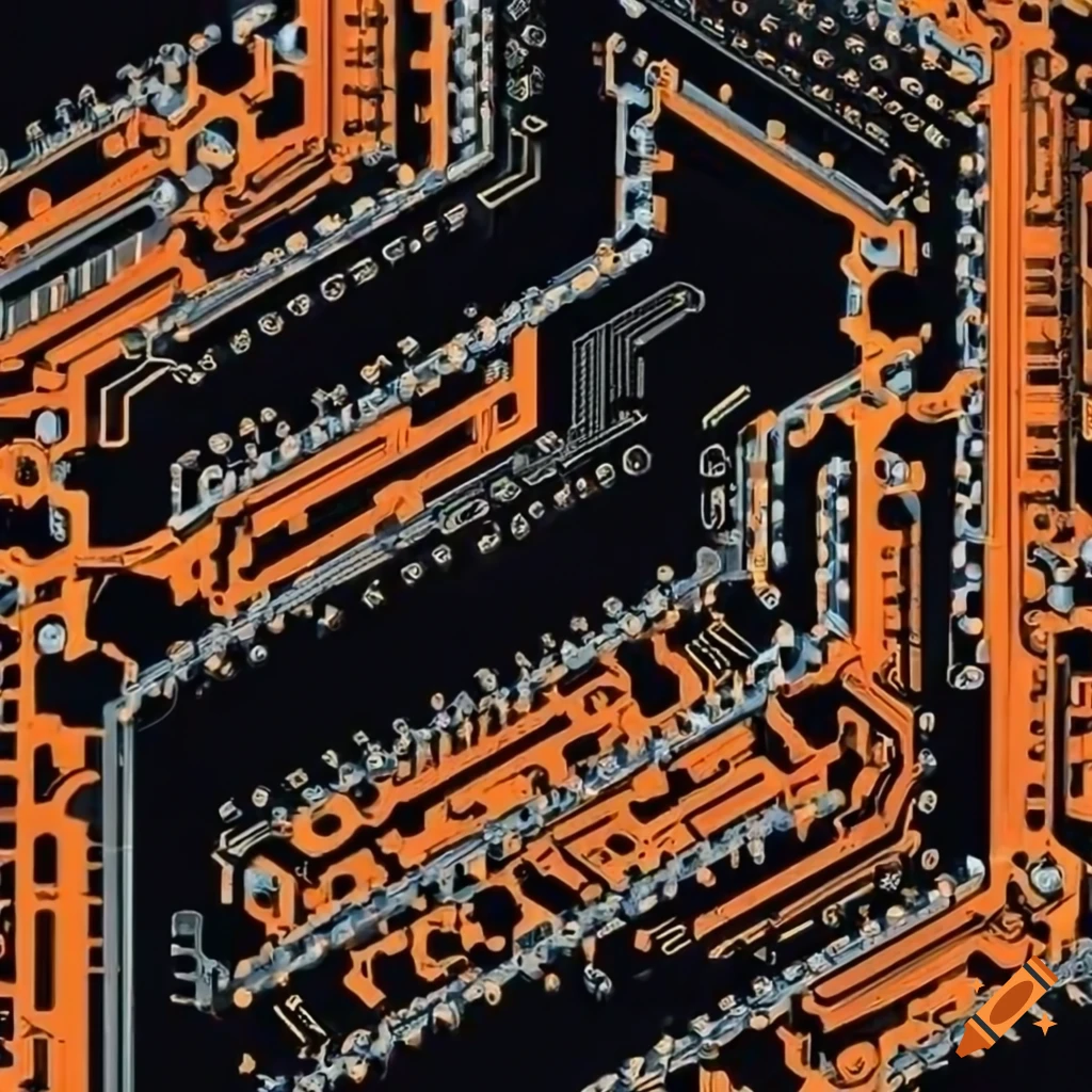 Abstract printed circuit board artwork in black and orange on Craiyon