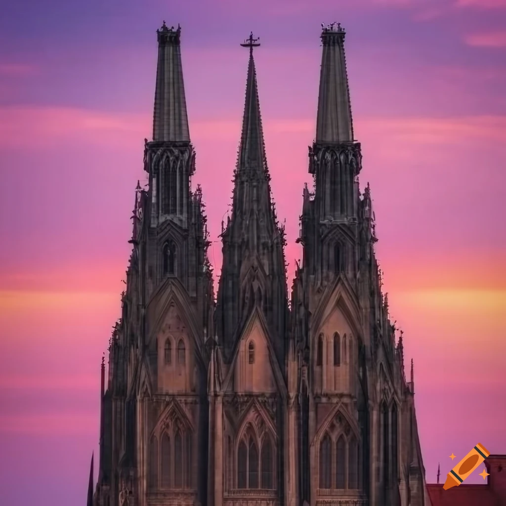 Pink sunset behind a gothic cathedral in a European city on Craiyon