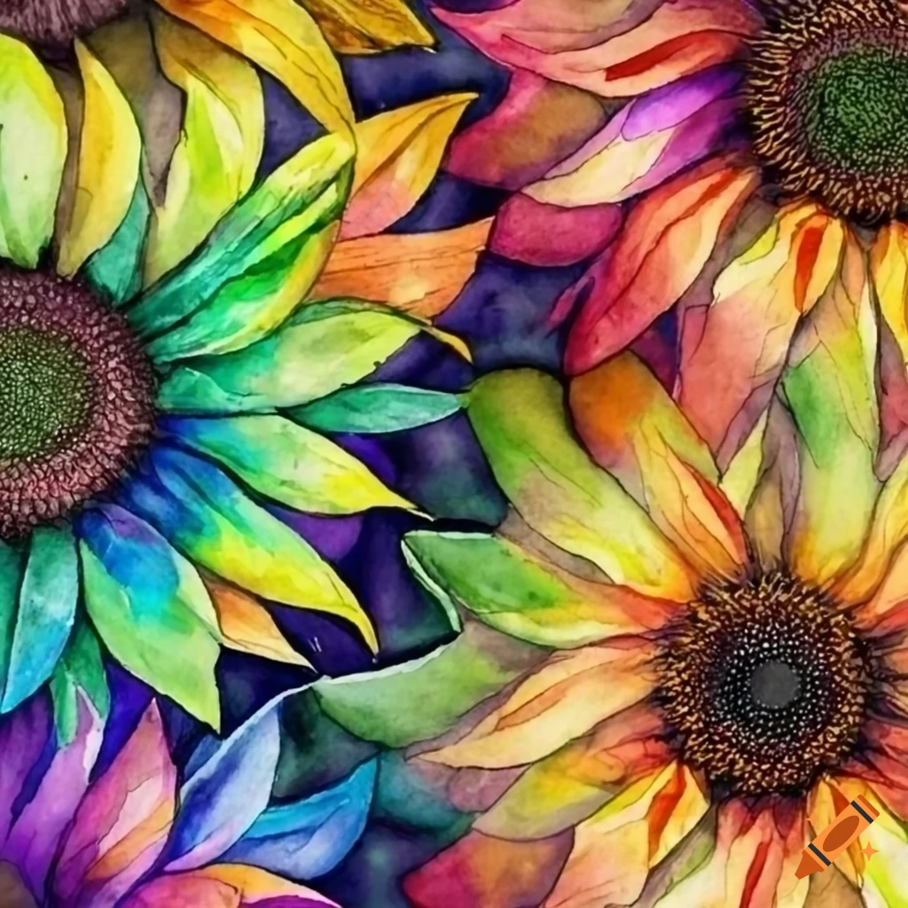 Realistic watercolor rainbow sunflowers pattern on Craiyon