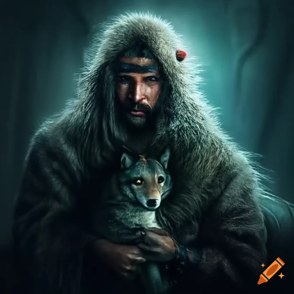 Men and a wolf standing together