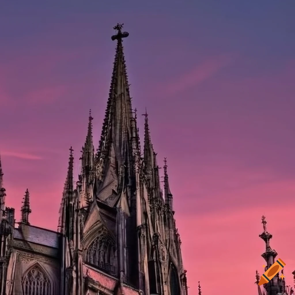 Gothic cathedral silhouetted against a pink sunset on Craiyon