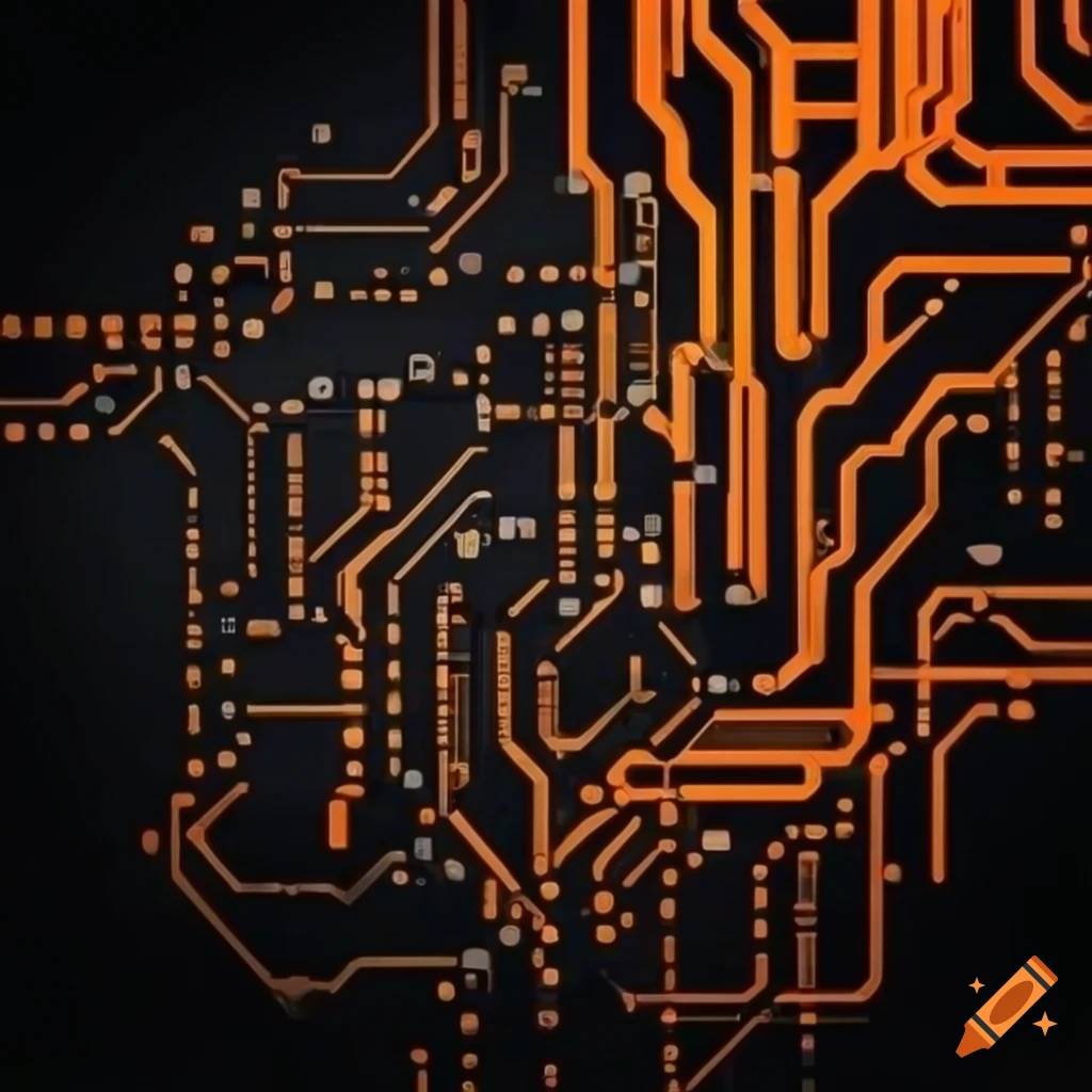 Abstract art of black and orange printed circuits boards on Craiyon