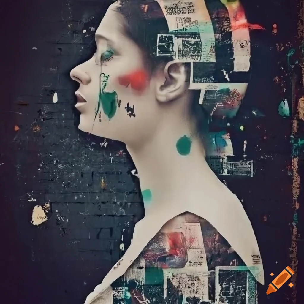 Surreal collage art with mysterious female model and spray-painted ...
