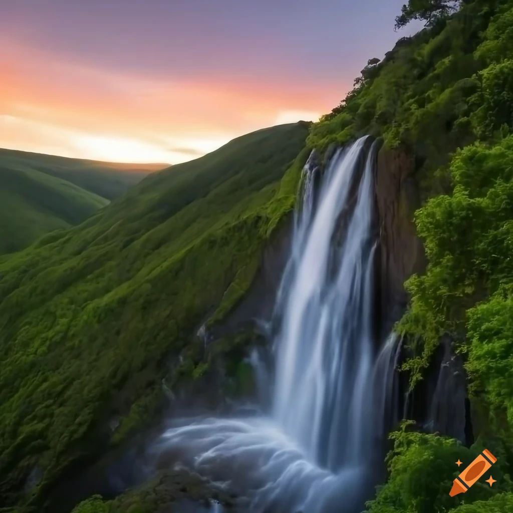 Sunset view of a tall waterfall flowing from cliffs on Craiyon