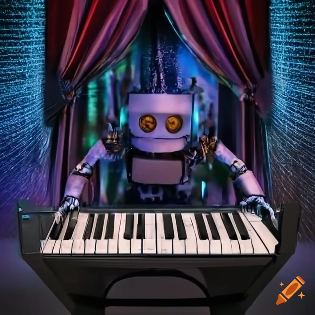 Concept art of a musical robot surrounded by lasers and floating dust