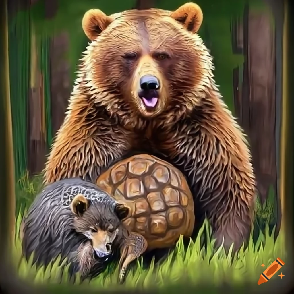 Image of a grizzly bear with a turtle and a raccoon on Craiyon