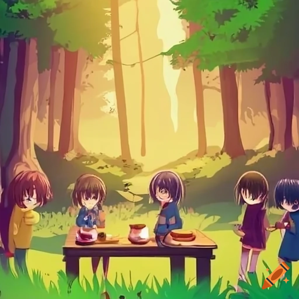 Children at a summer camp gathering in the forest on Craiyon