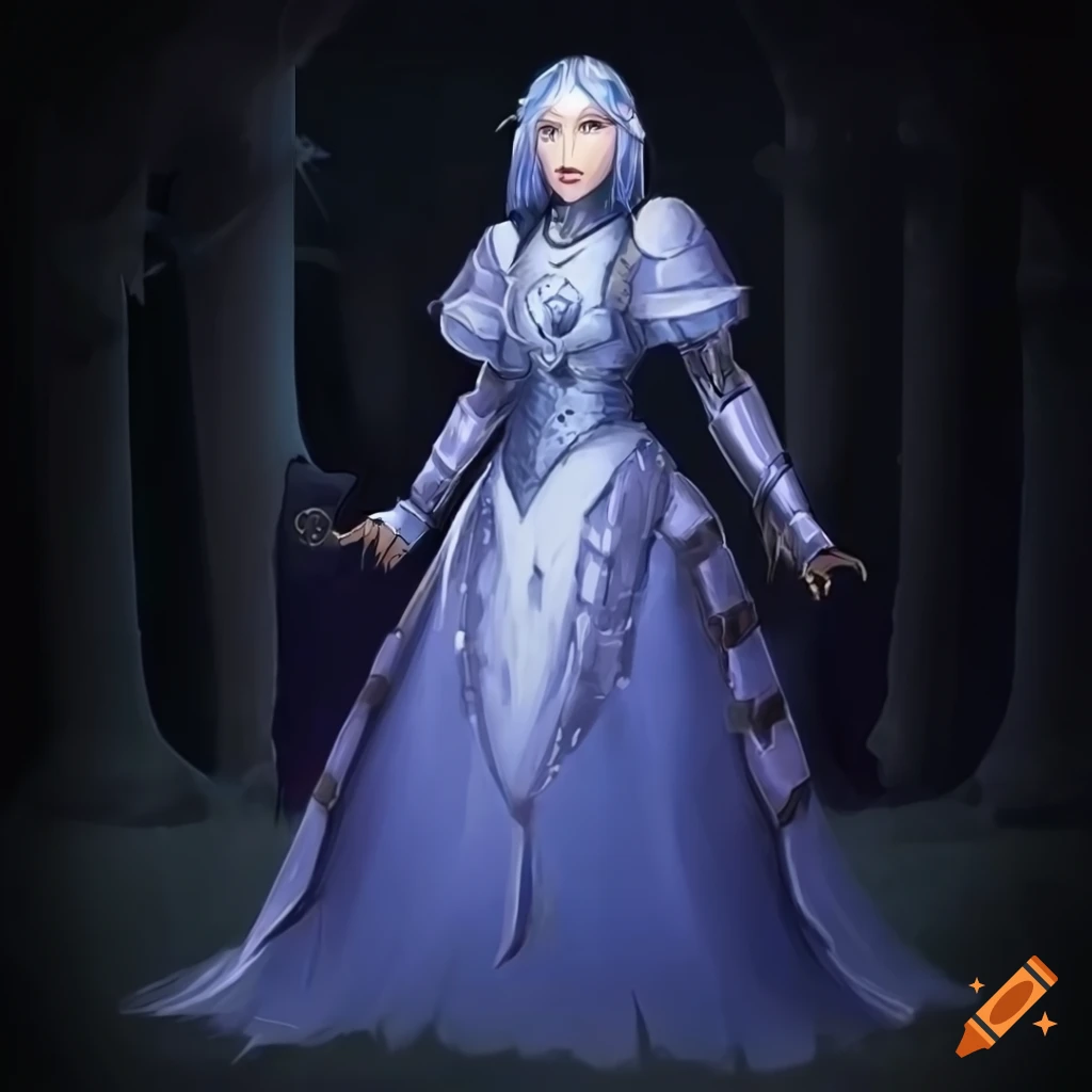 Red-haired blue moon cleric in leather armor and ball gown on Craiyon