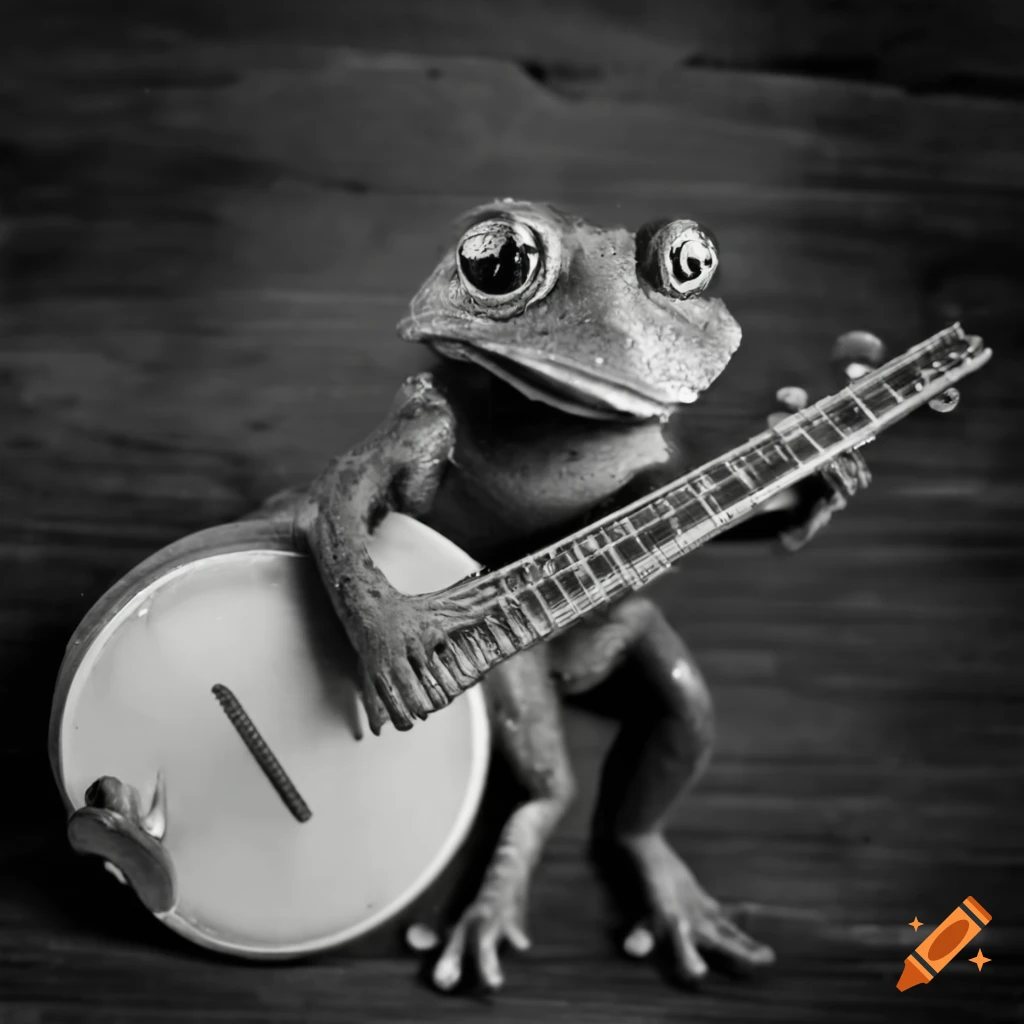 Taxidermy banjo playing frogs in vintage photo on Craiyon