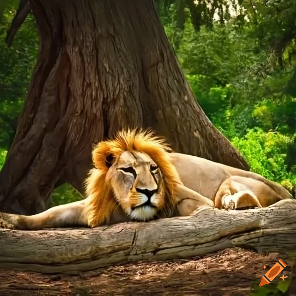 Lion sleeping in a forest