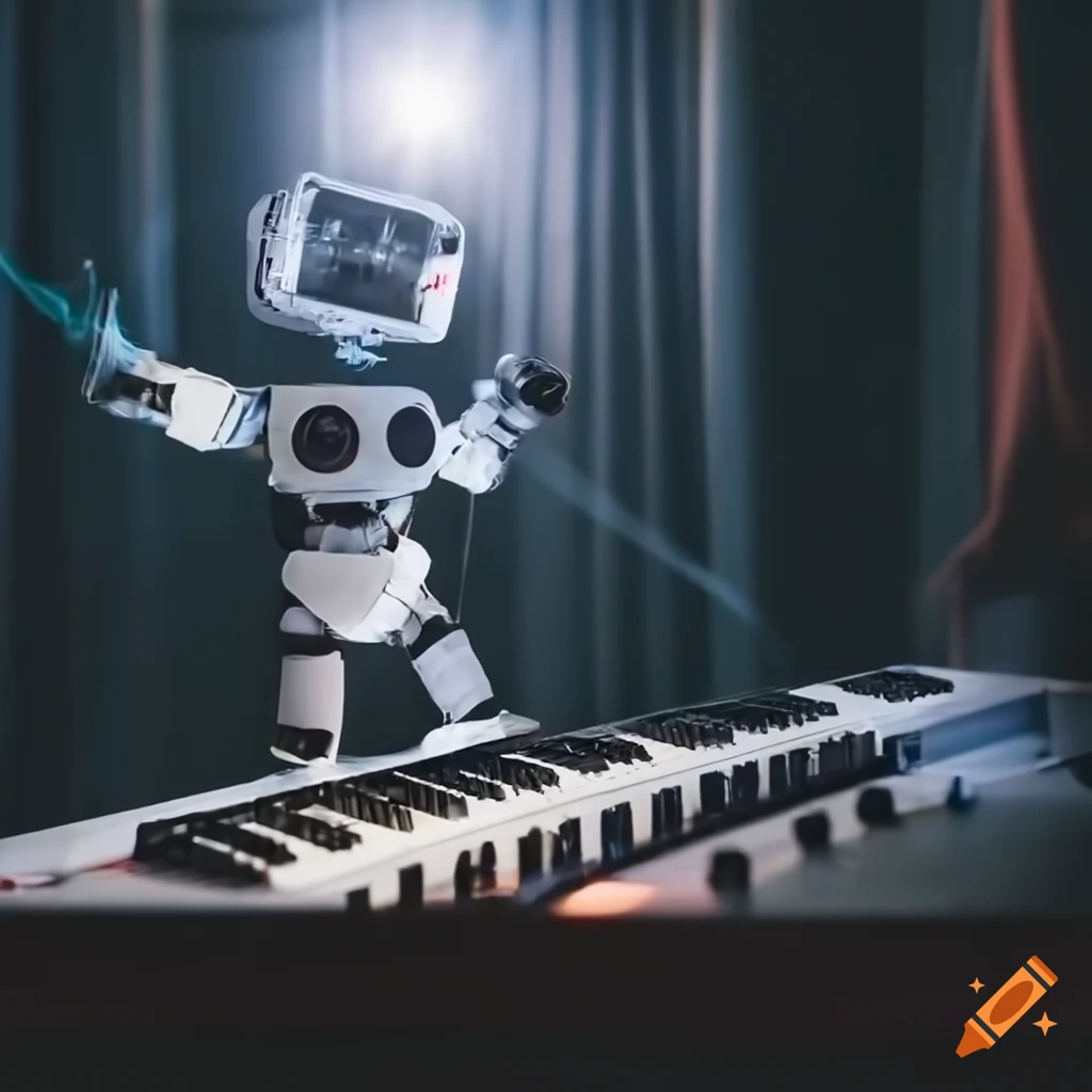 Robot dancing on a musical synthesizer keyboard on Craiyon