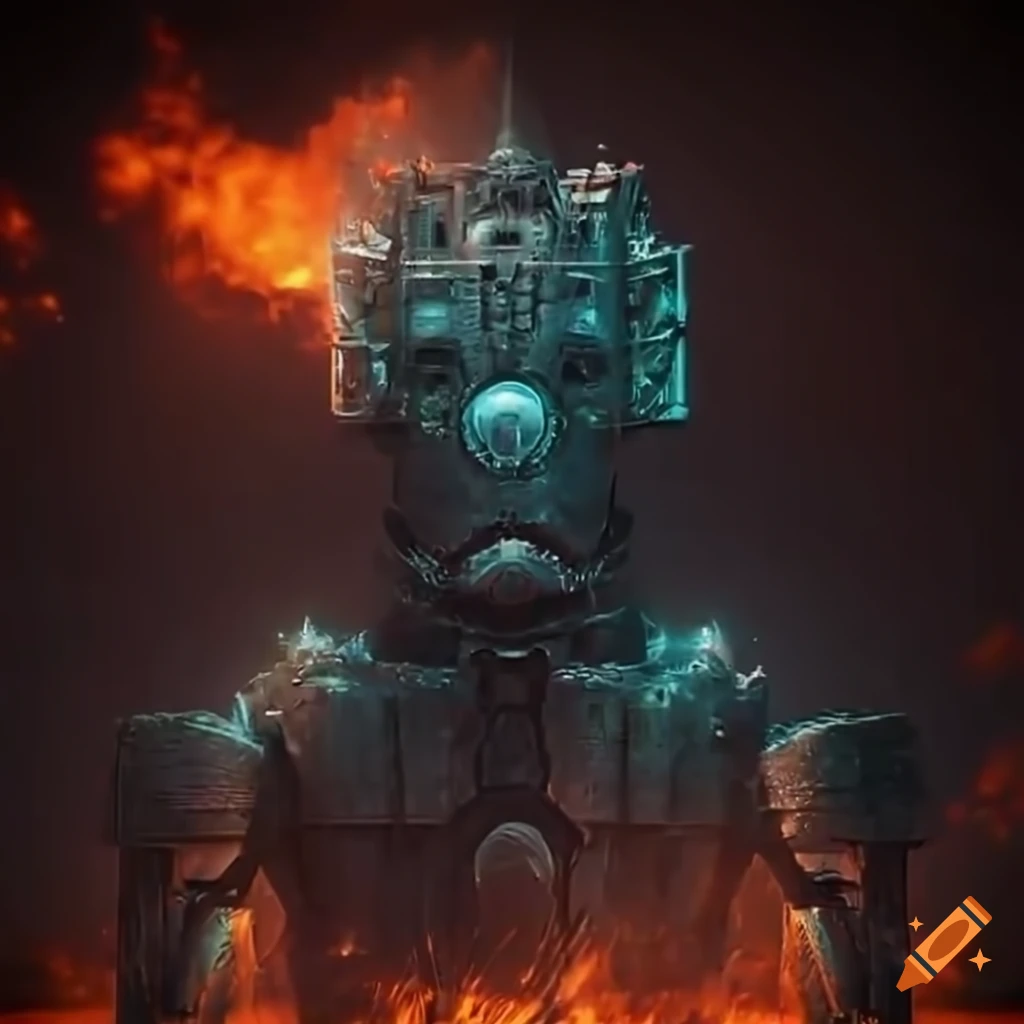 Dystopian scenery with giant robot emerging from fire