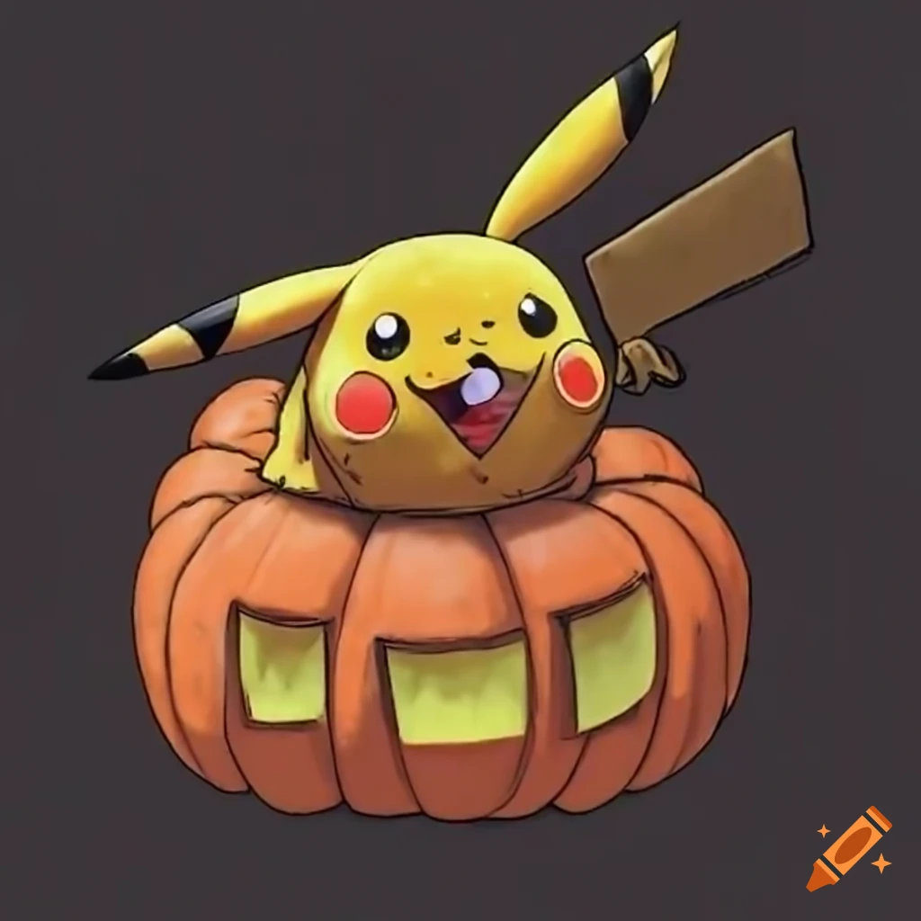 Pikachu wearing a witch hat in a pumpkin patch on Craiyon
