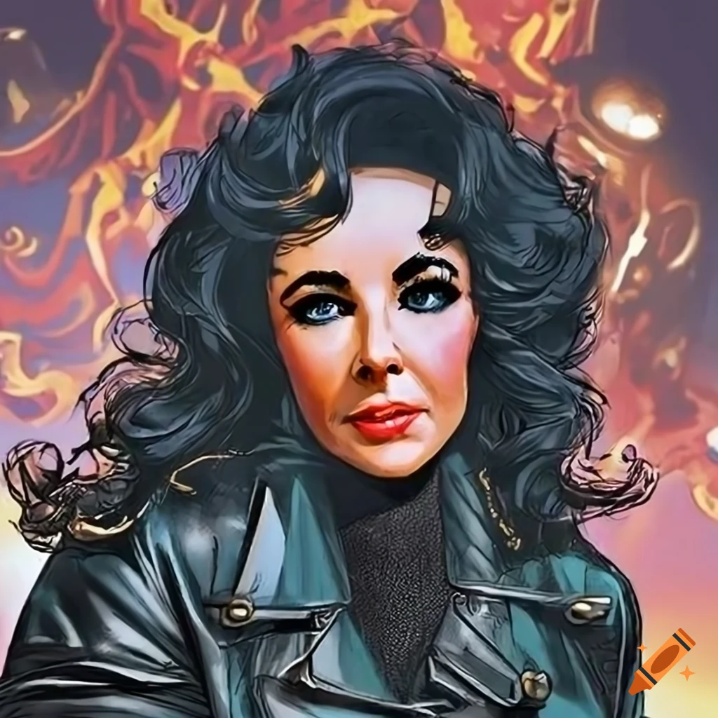 Comic book panel of elizabeth taylor in leather coat on Craiyon