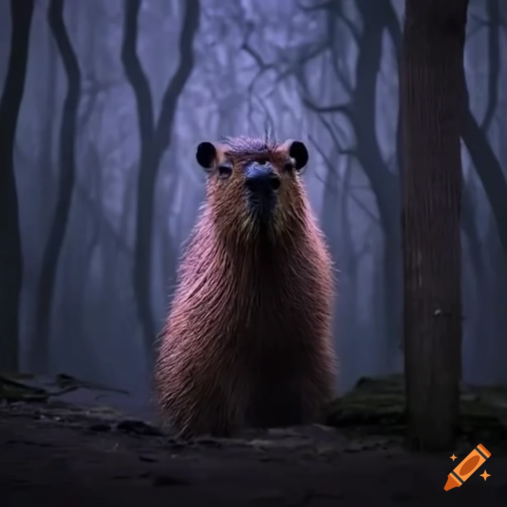 Capybara with purple eyes in a haunted forest
